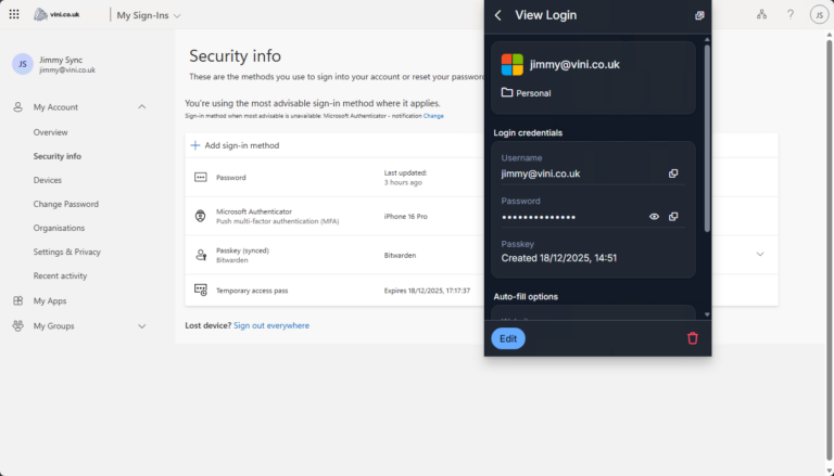 Adding a Bitwarden Synced Passkey to an Entra ID account – James Vincent