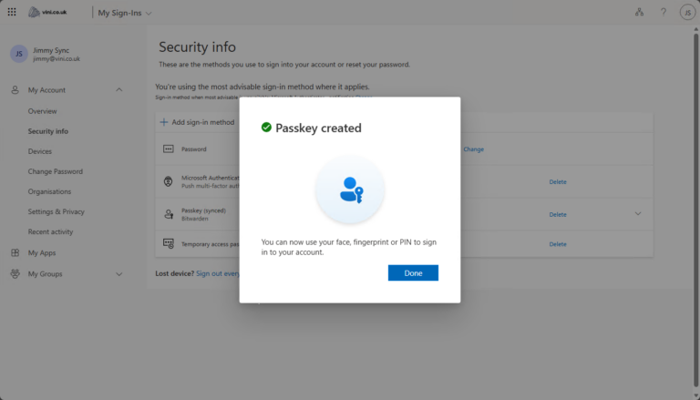Adding a Bitwarden Synced Passkey to an Entra ID account @ James Vincent
